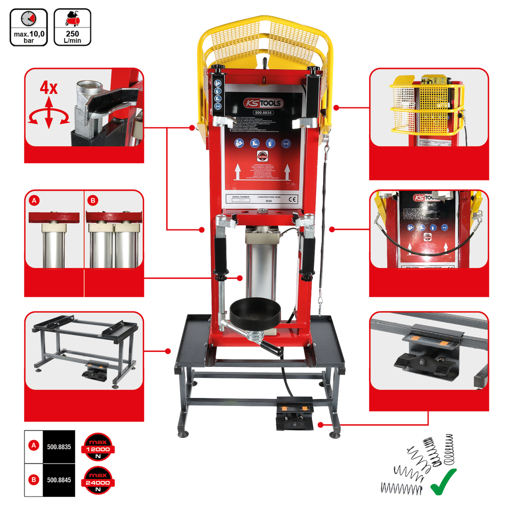 Pressurised air spring tensioner with single cylinder and base frame ...