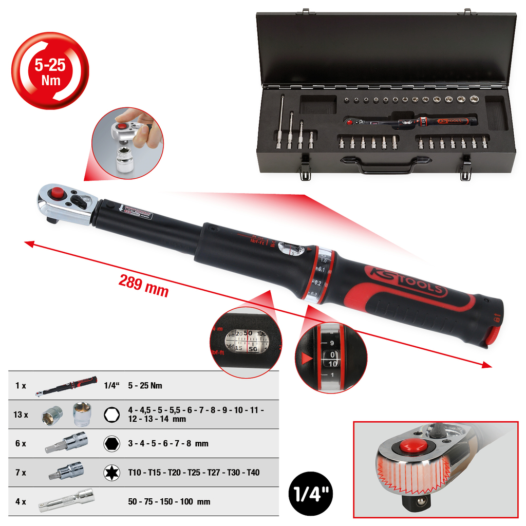 1/4" ERGOTORQUE®precision torque wrench set with reversible ratchet ...