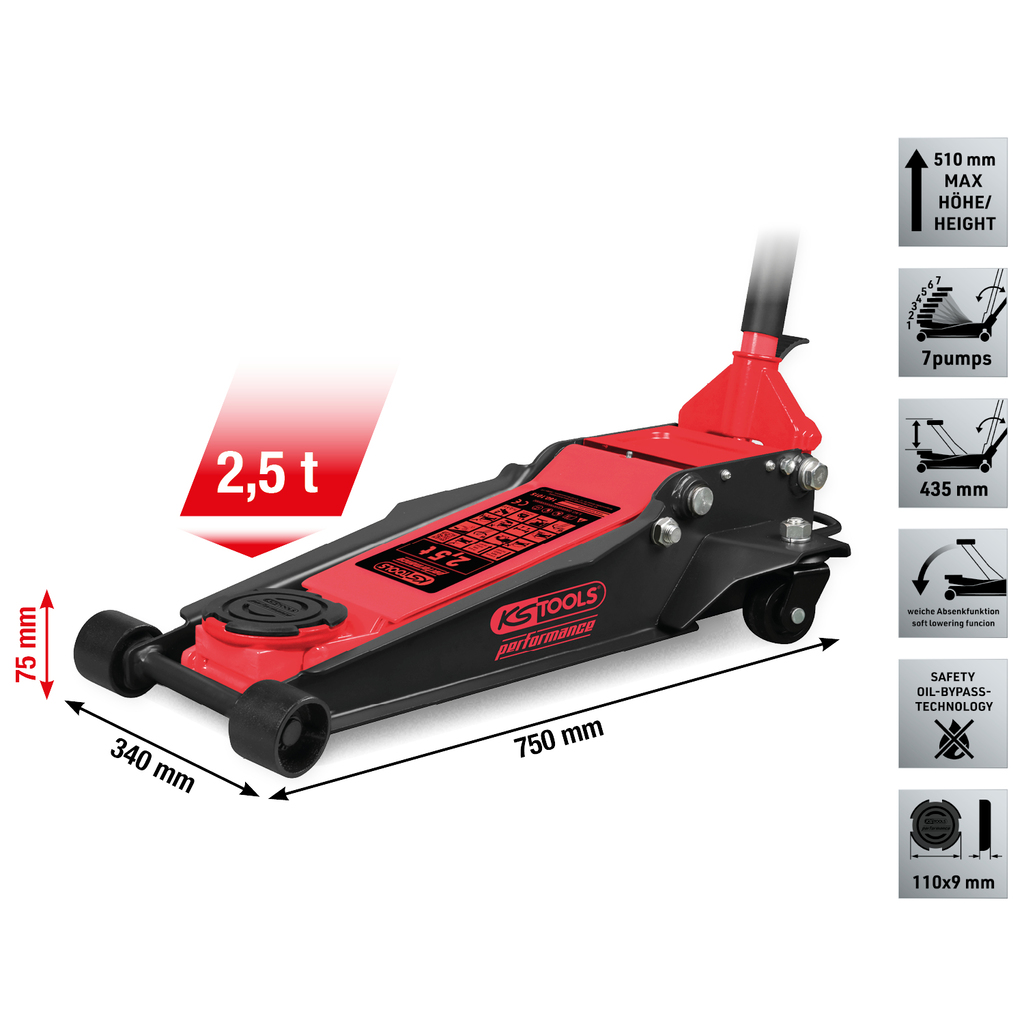 performance Hydraulischer Stahl-Wagenheber, 2500 kg, flach, Hubhöhe: 75 ...